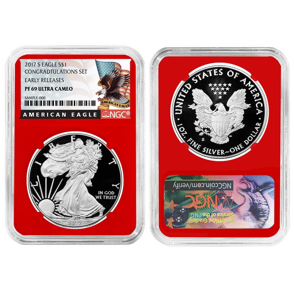 2017-S Proof $1 American Silver Eagle Congratulations Set NGC PF69UC Black ER Label Red Core ...