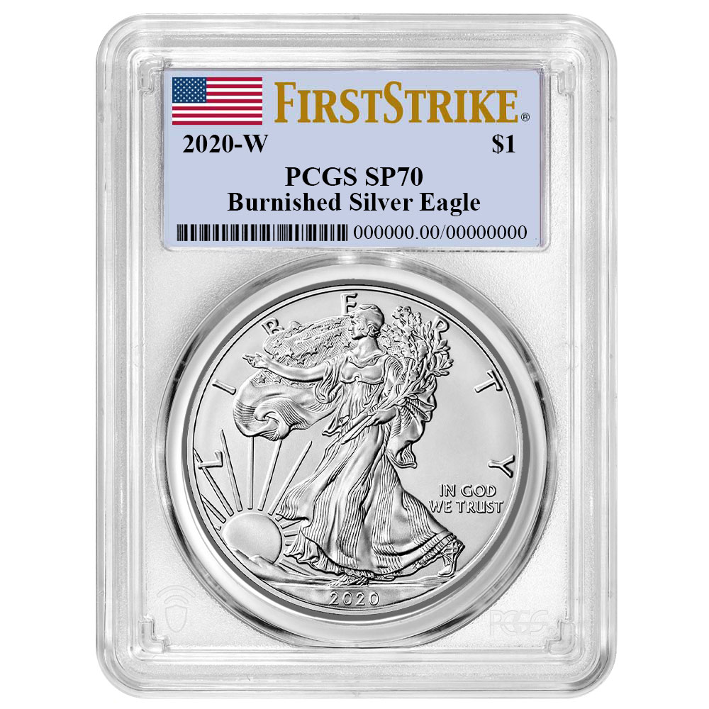 2020-W Burnished $1 American Silver Eagle PCGS SP70 FS Flag Label - Pinehurst Coins