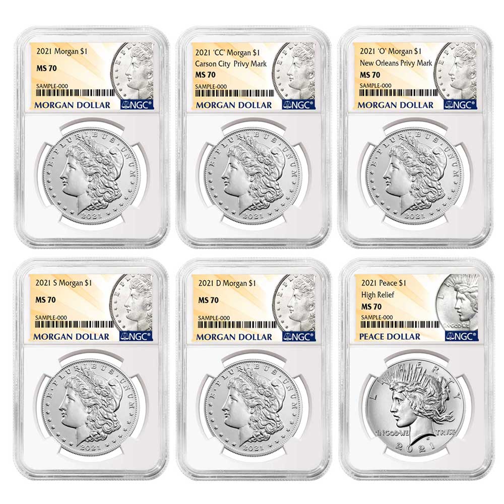 2021 $1 Morgan and Peace Silver Dollar 6pc Set NGC MS70 Morgan & Peace ...