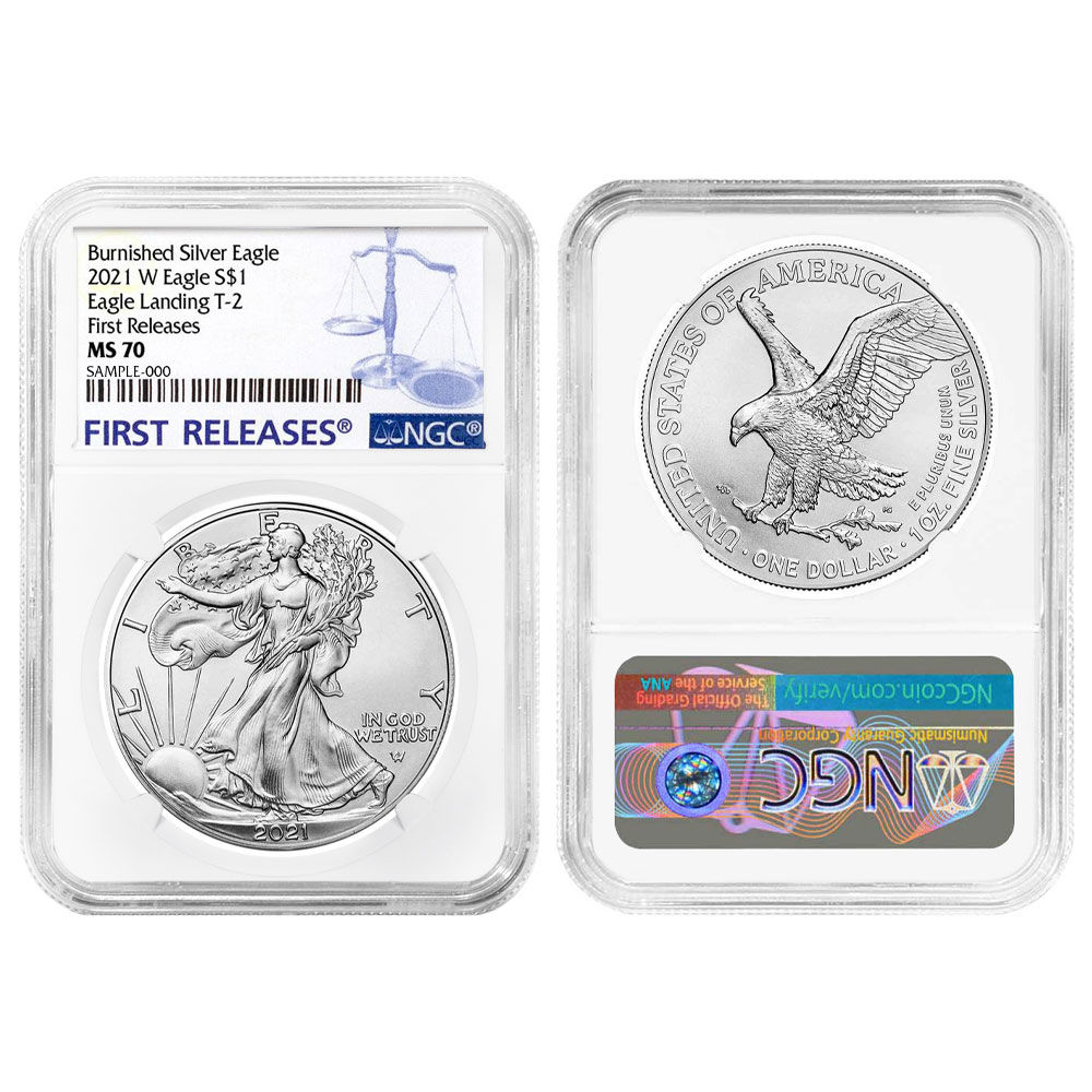 2021-W Burnished $1 Type 2 American Silver Eagle NGC MS70 FR Blue Label - Pinehurst Coins