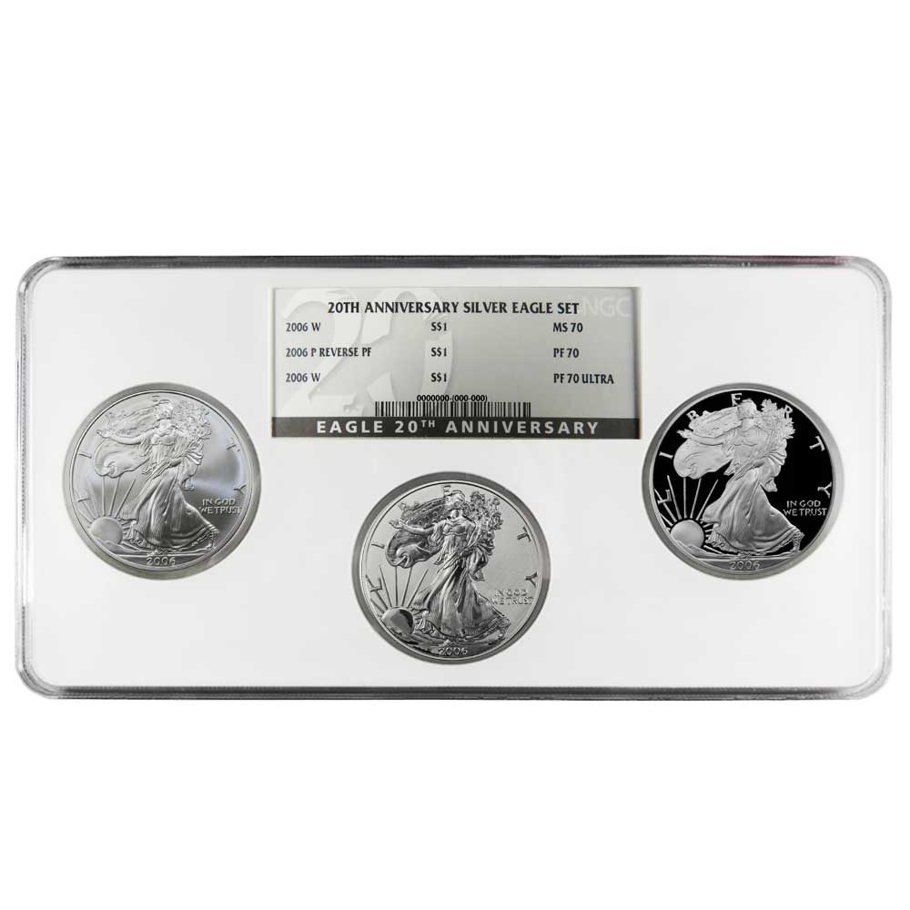 2006 $1 American Silver Eagle 3pc Set NGC MS70 PF70 PF70UC 20th Anni ...