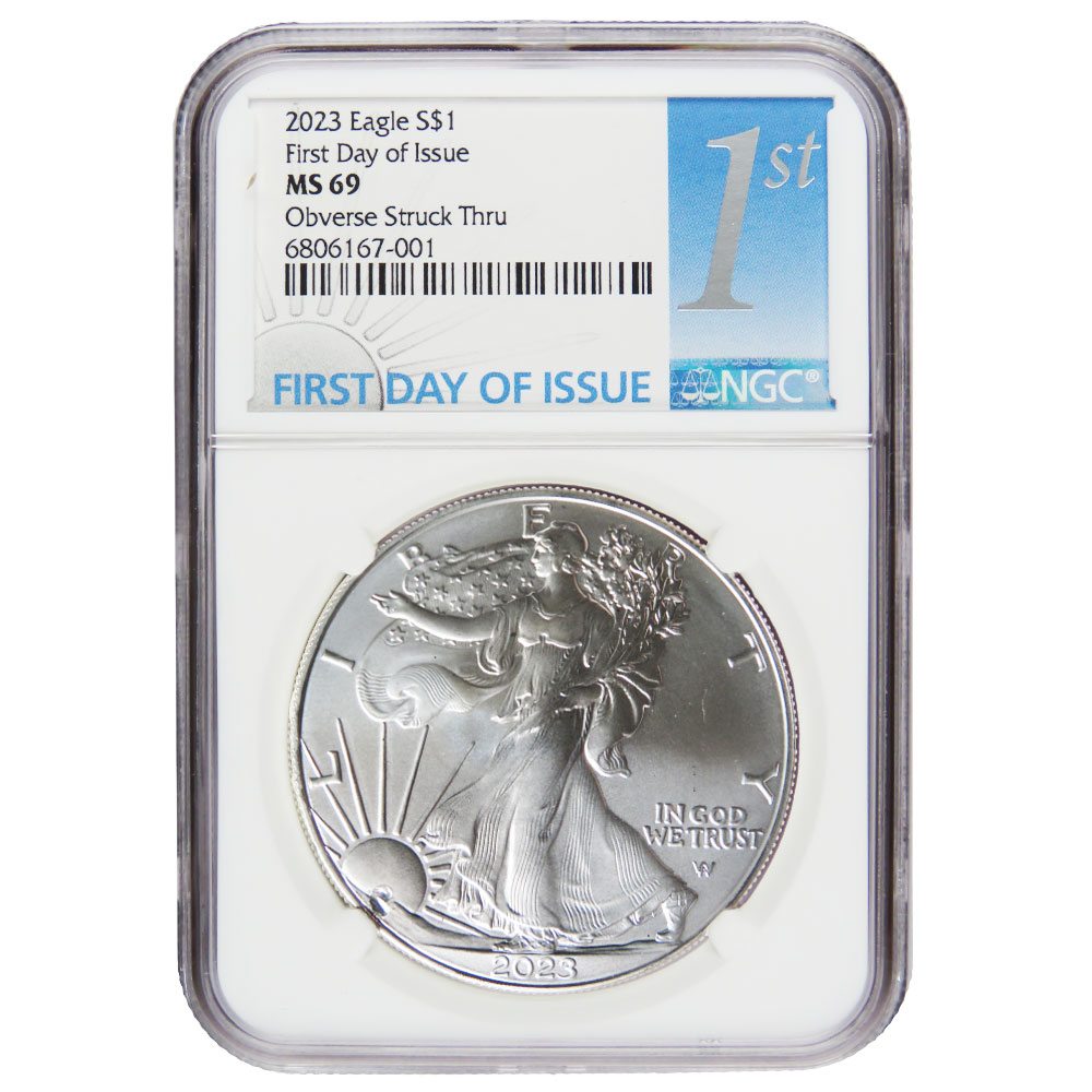 2023 $1 American Silver Eagle NGC MS69 FDI Mint Error Obverse Struck Thru - Pinehurst Coins