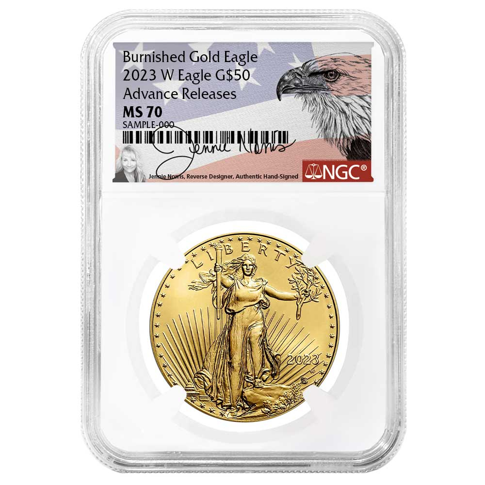 2023-W Burnished $50 American Gold Eagle NGC MS70 AR Jennie Norris Eagle Signature Label ...