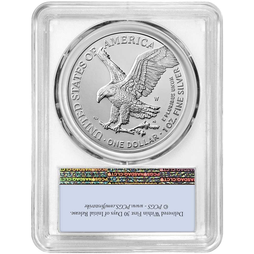2023-W Burnished $1 American Silver Eagle PCGS SP70 FS Flag Label White Frame - Pinehurst Coins