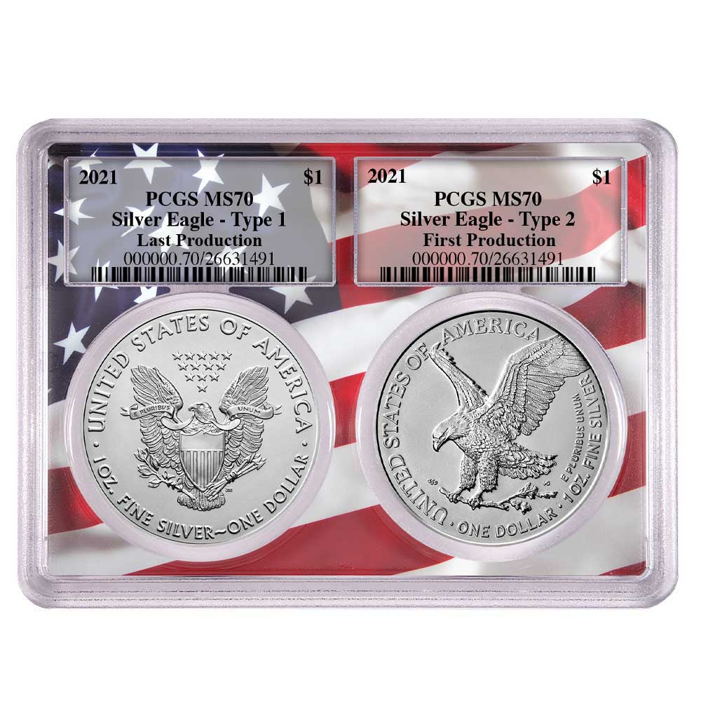2021 $1 T1 and T2 Silver Eagle Set PCGS MS70 First and Last Production Flag Frame - Pinehurst Coins