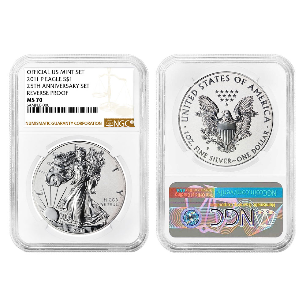 2011 $1 American Silver Eagle 5pc Set NGC 70 25th Anniversary Label ...