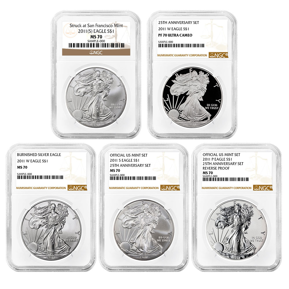 2011 $1 American Silver Eagle 5pc Set NGC 70 25th Anniversary Label - Pinehurst Coins
