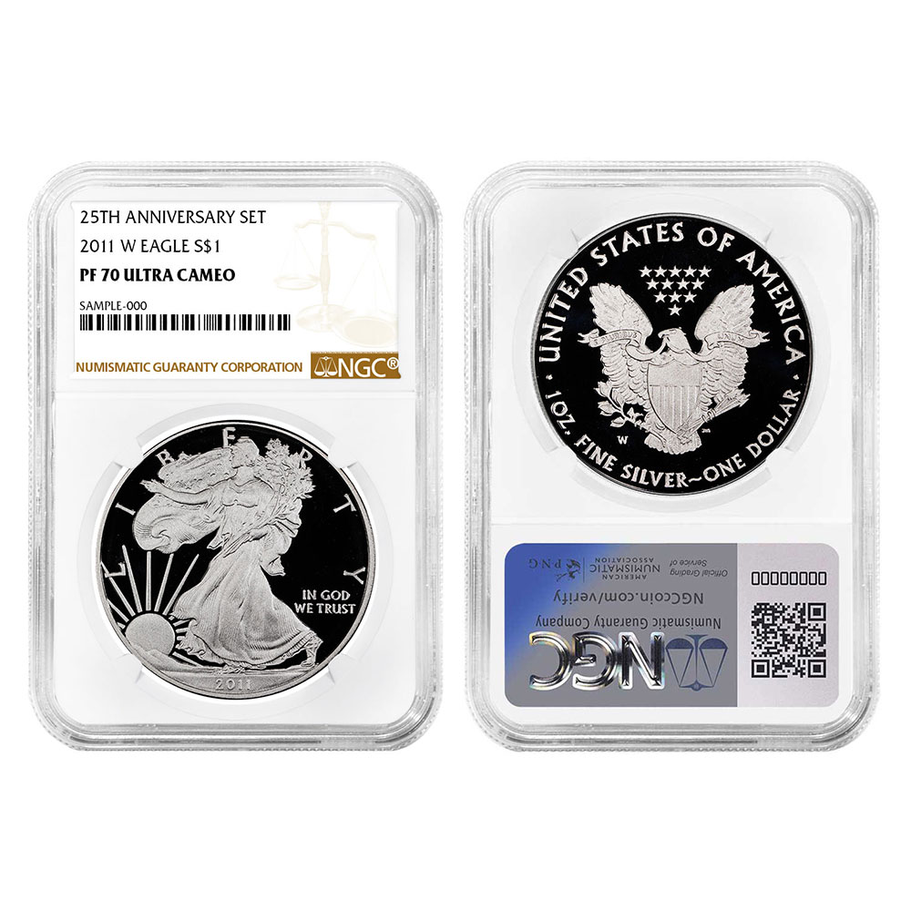 2011 $1 American Silver Eagle 5pc Set NGC 70 25th Anniversary Label - Pinehurst Coins