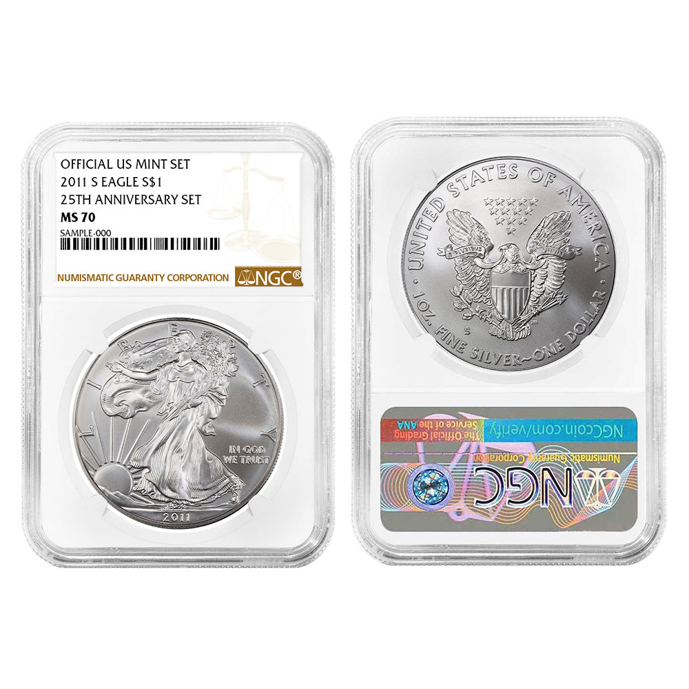 2011 $1 American Silver Eagle 5pc Set NGC 70 25th Anniversary Label ...