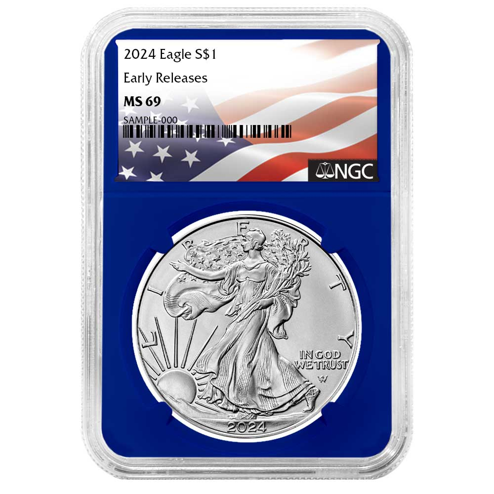 2024 $1 American Silver Eagle NGC MS69 ER Flag Label Blue Core ...