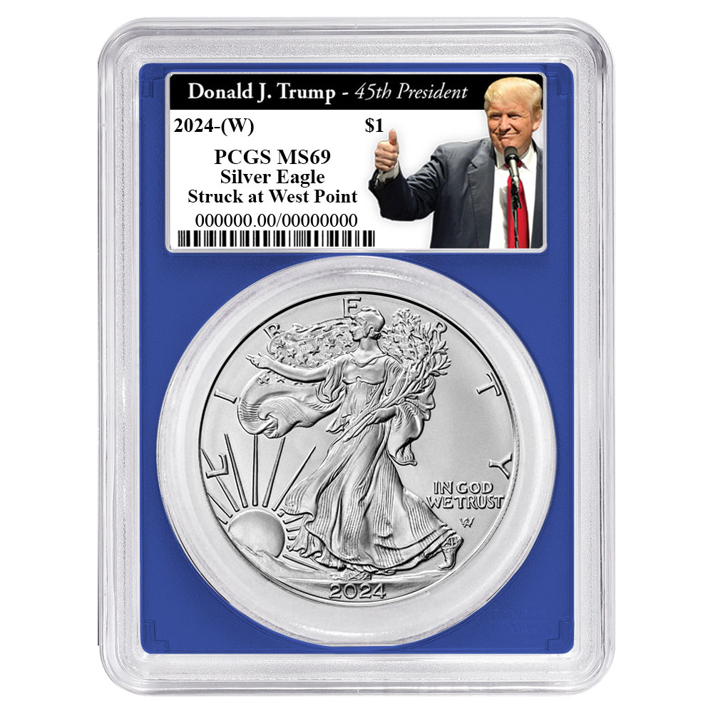2024 (W) $1 American Silver Eagle PCGS MS69 Trump 45th President Label Blue Frame - Pinehurst Coins
