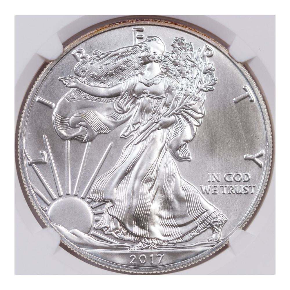 2017 Silver Eagle NGC MS69 Mint Error Reverse Struck Thru - Pinehurst Coins