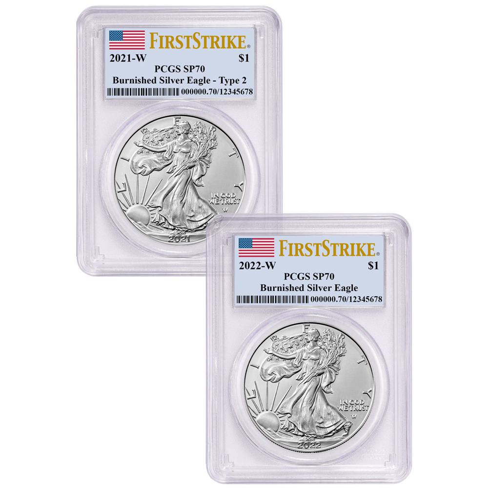 2-Coin Set - 2021-2022-W Burnished American Silver Eagle Type 2 PCGS - Pinehurst Coins