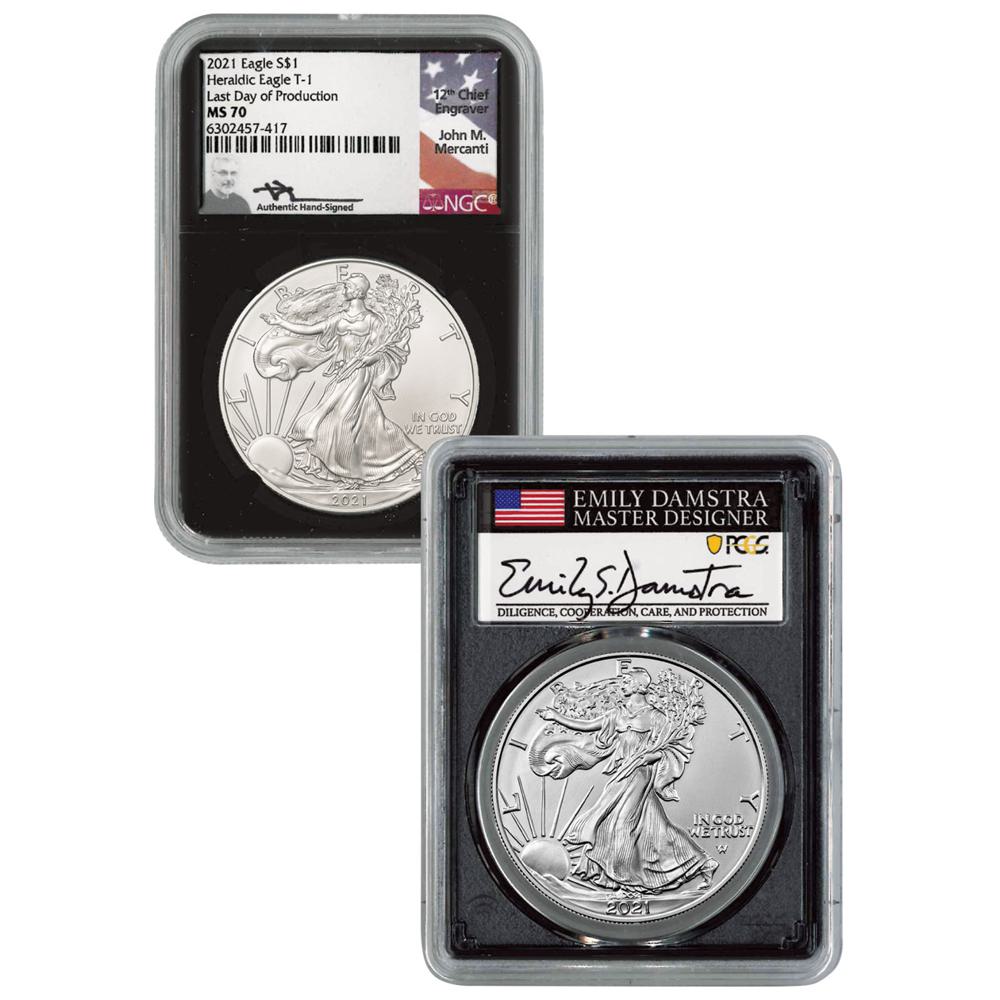 2021 $1 American Silver Eagle Type 1 Last Day - First Type 2 Production 2pc Set NGC/PCGS MS70 ...