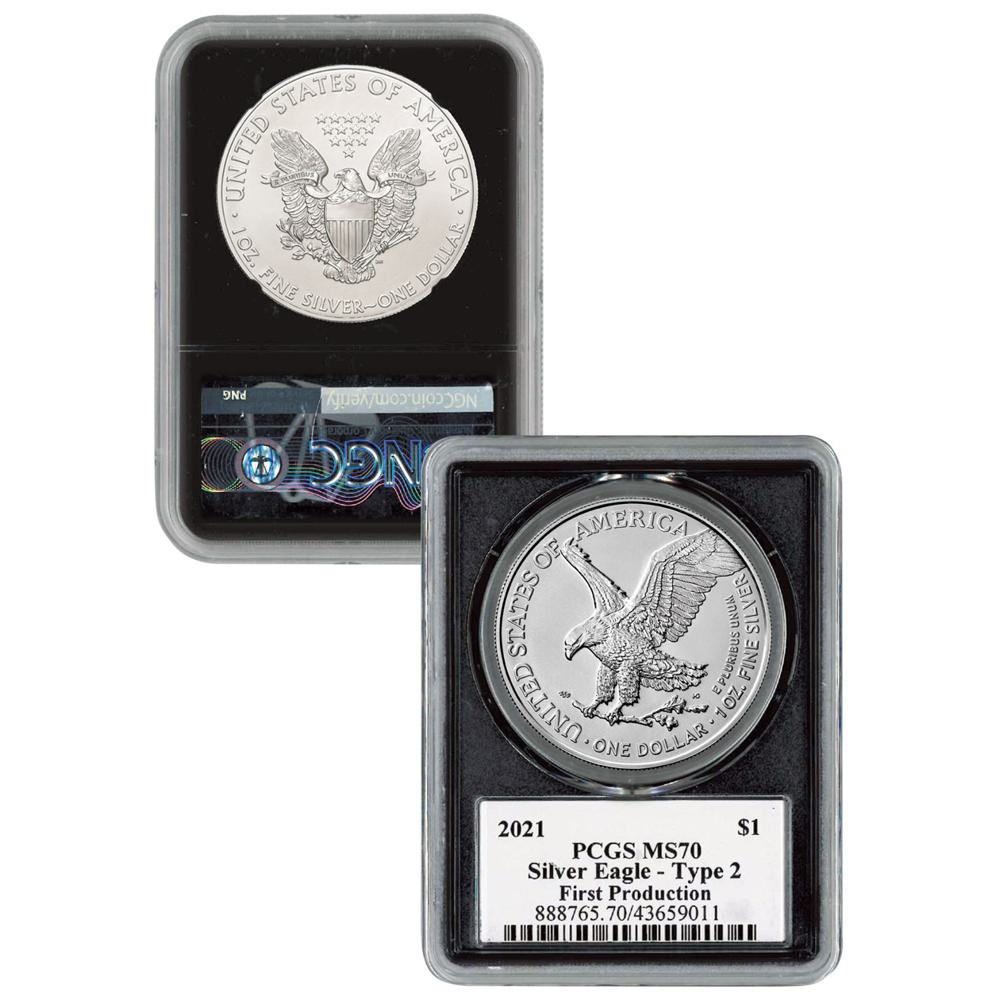 2021 $1 American Silver Eagle Type 1 Last Day - First Type 2 Production 2pc Set NGC/PCGS MS70 ...