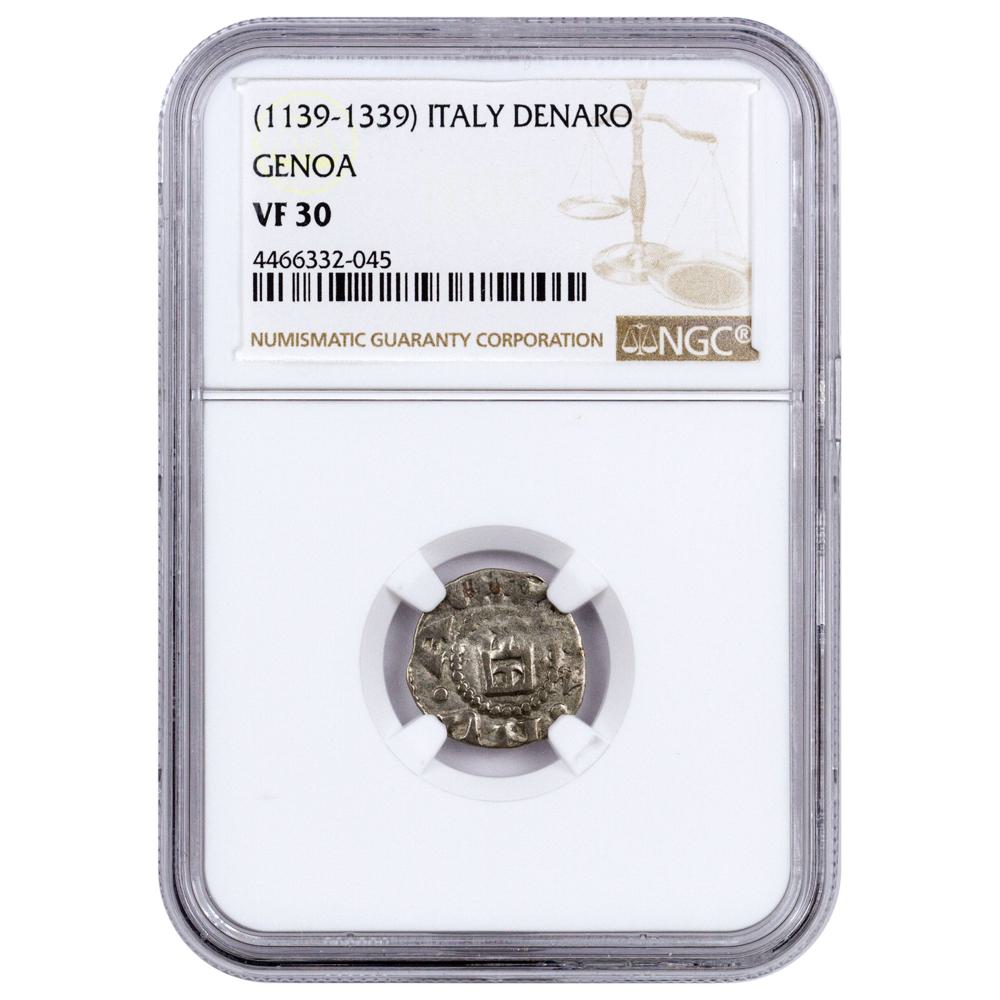 1139-1339 Italy, Republic of Genoa Silver Denaro NGC VF30 (Story Vault) - Pinehurst Coins