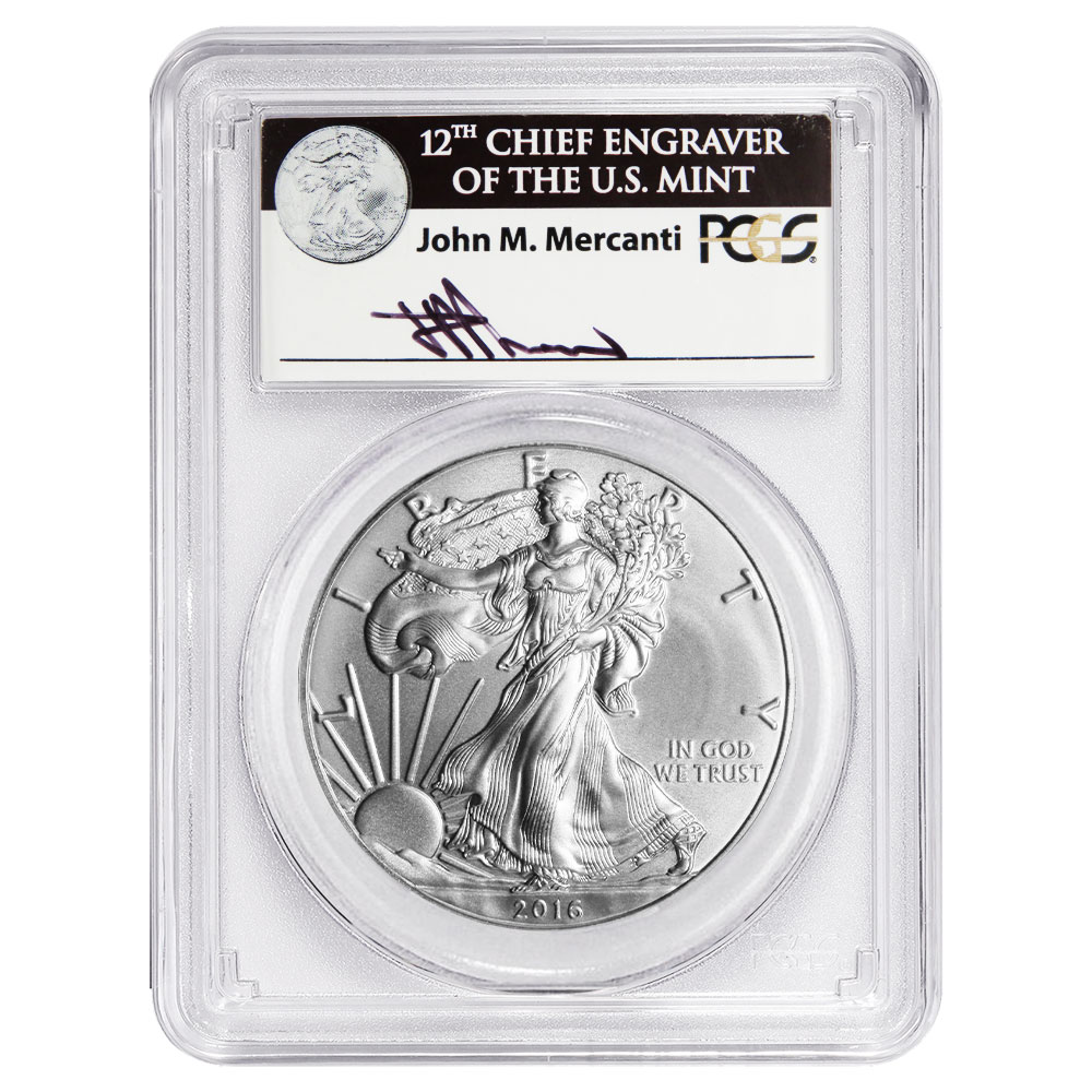 2016 $1 American Silver Eagle PCGS MS70 30th Anniversary John Mercanti Signature Label ...