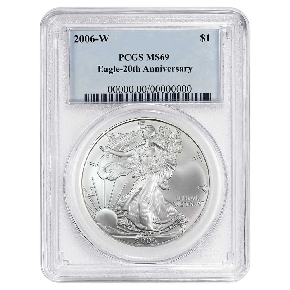 2006-W Burnished $1 American Silver Eagle 20th Anniversary PCGS MS69 Blue Label - Pinehurst Coins