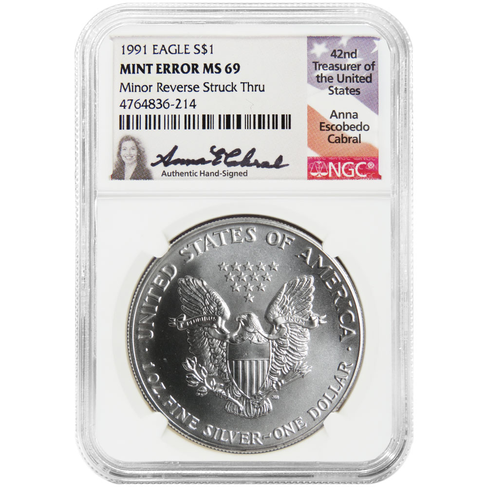 1991 $1 American Silver Eagle NGC MS69 Mint Error Reverse Struck Thru Anna Cabral Signature Flag ...