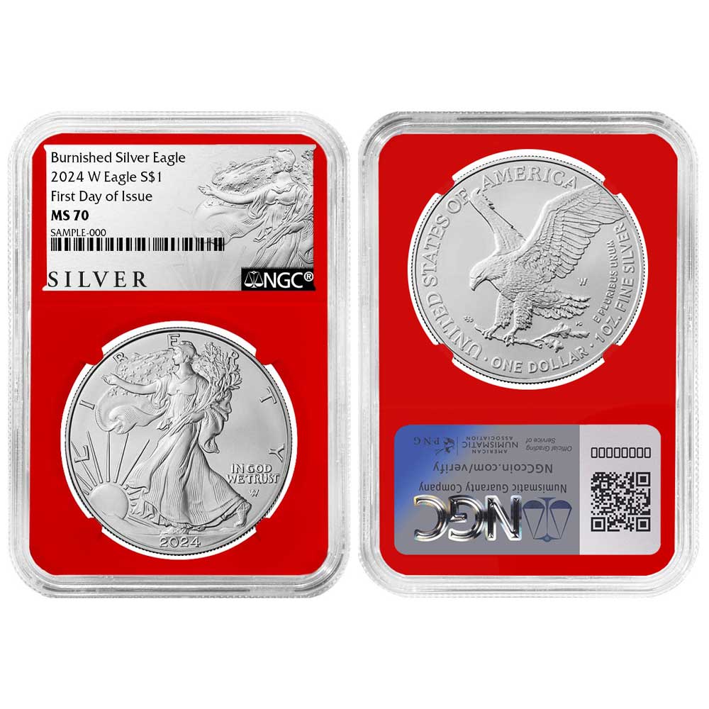 2024-W Burnished $1 American Silver Eagle NGC MS70 FDI ALS Label Red Core - Pinehurst Coins