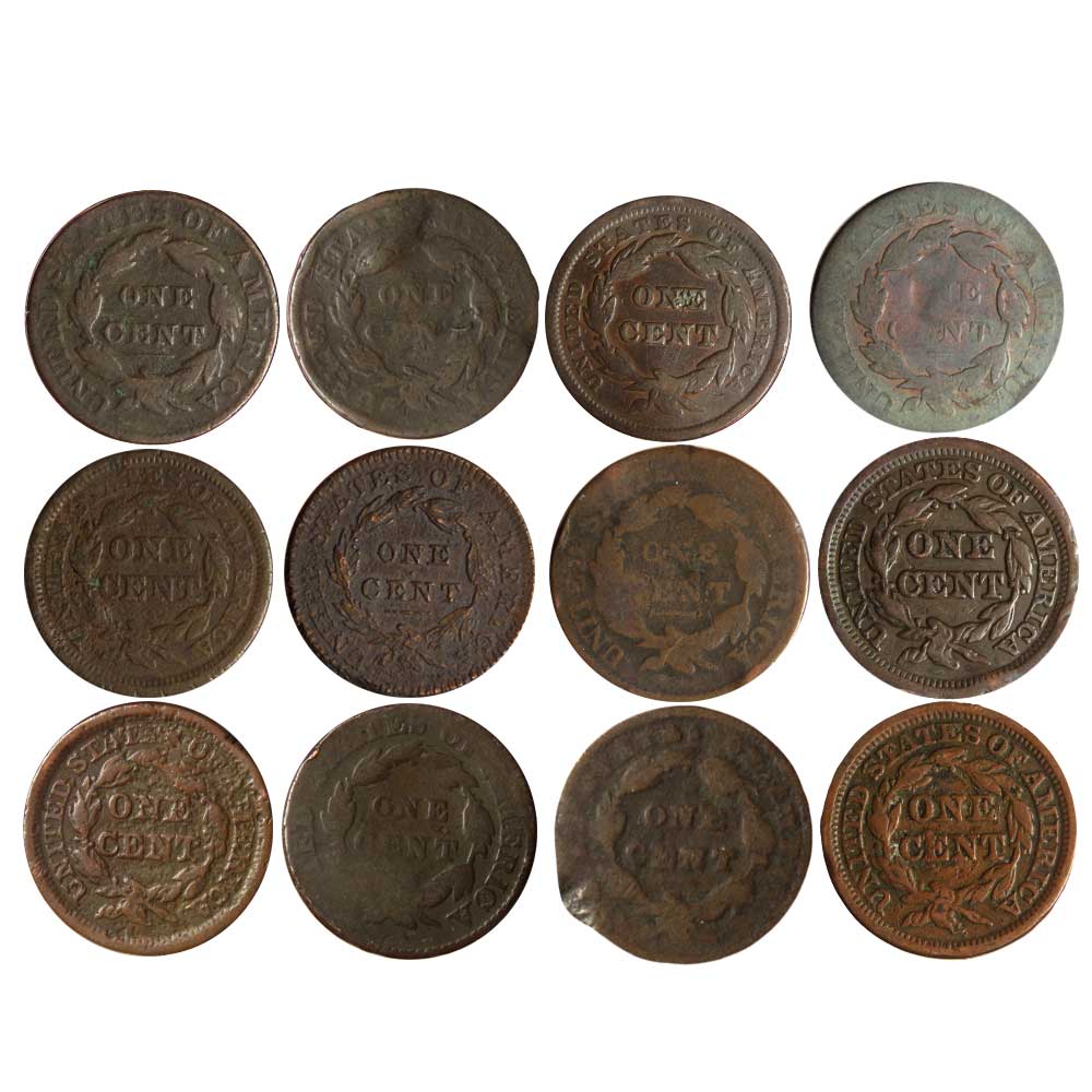 Lot of 12 Large Cents Low Grade Cull Copper Coins - Pinehurst Coins