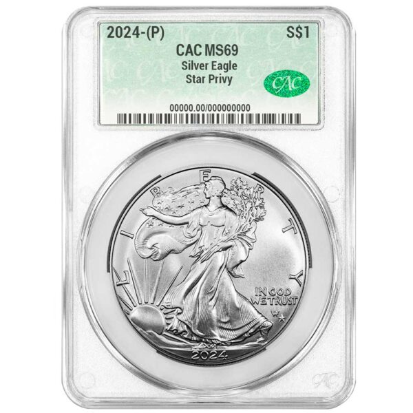 2024 (P) $1 American Silver Eagle Star Privy CACG MS69 - Pinehurst Coins