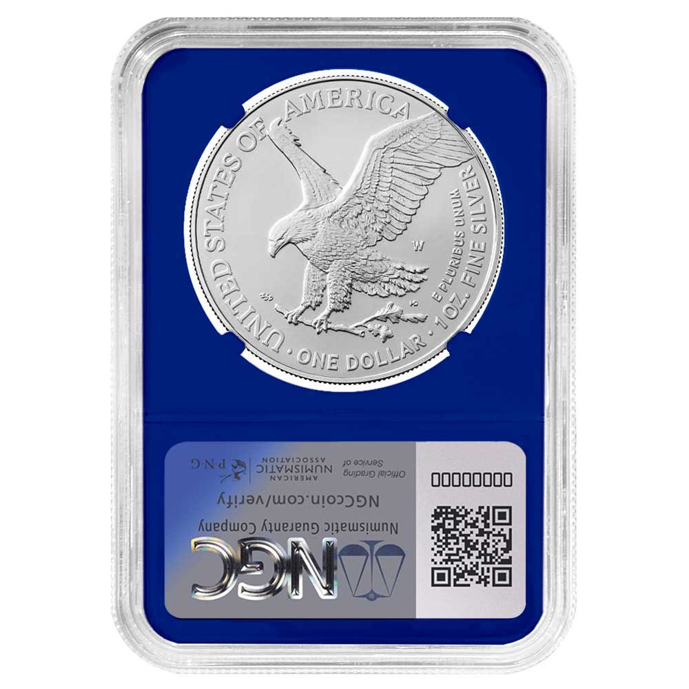 2025-W Burnished $1 American Silver Eagle NGC MS69 ER Blue Label Blue Core - Pinehurst Coins