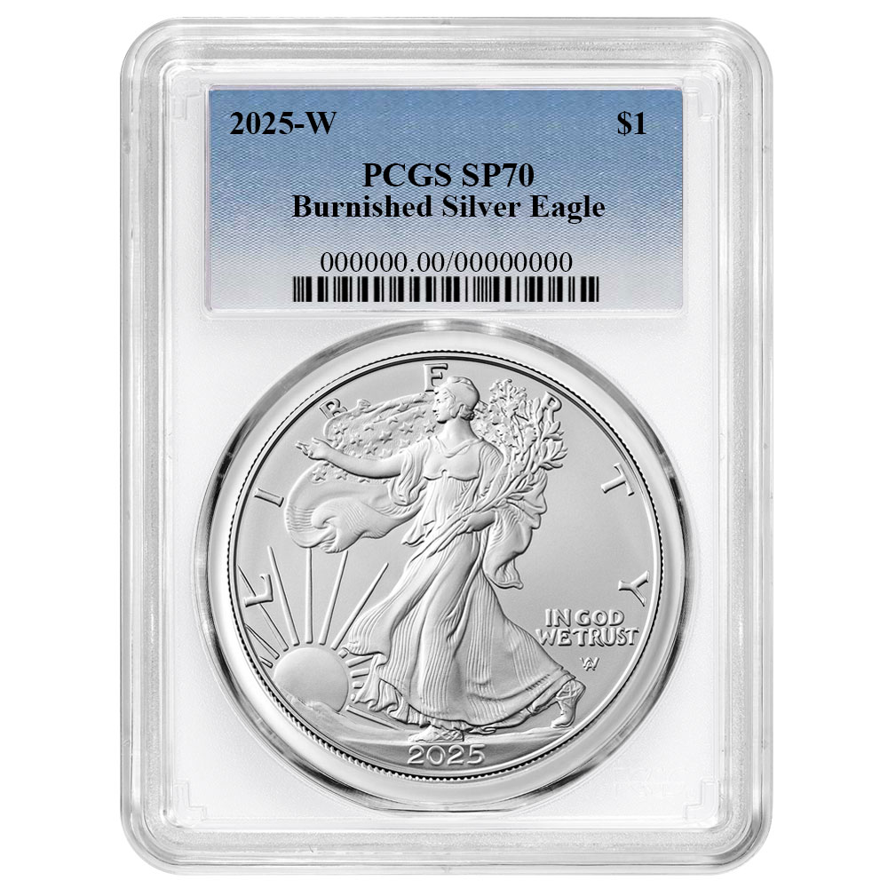 2025-W Burnished $1 American Silver Eagle Blue Label - Pinehurst Coins