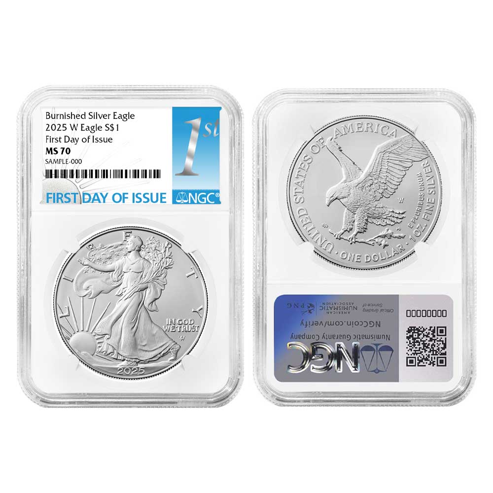 2025-W Burnished $1 American Silver Eagle 3pc Set NGC MS70 FDI First Label Red White Blue ...