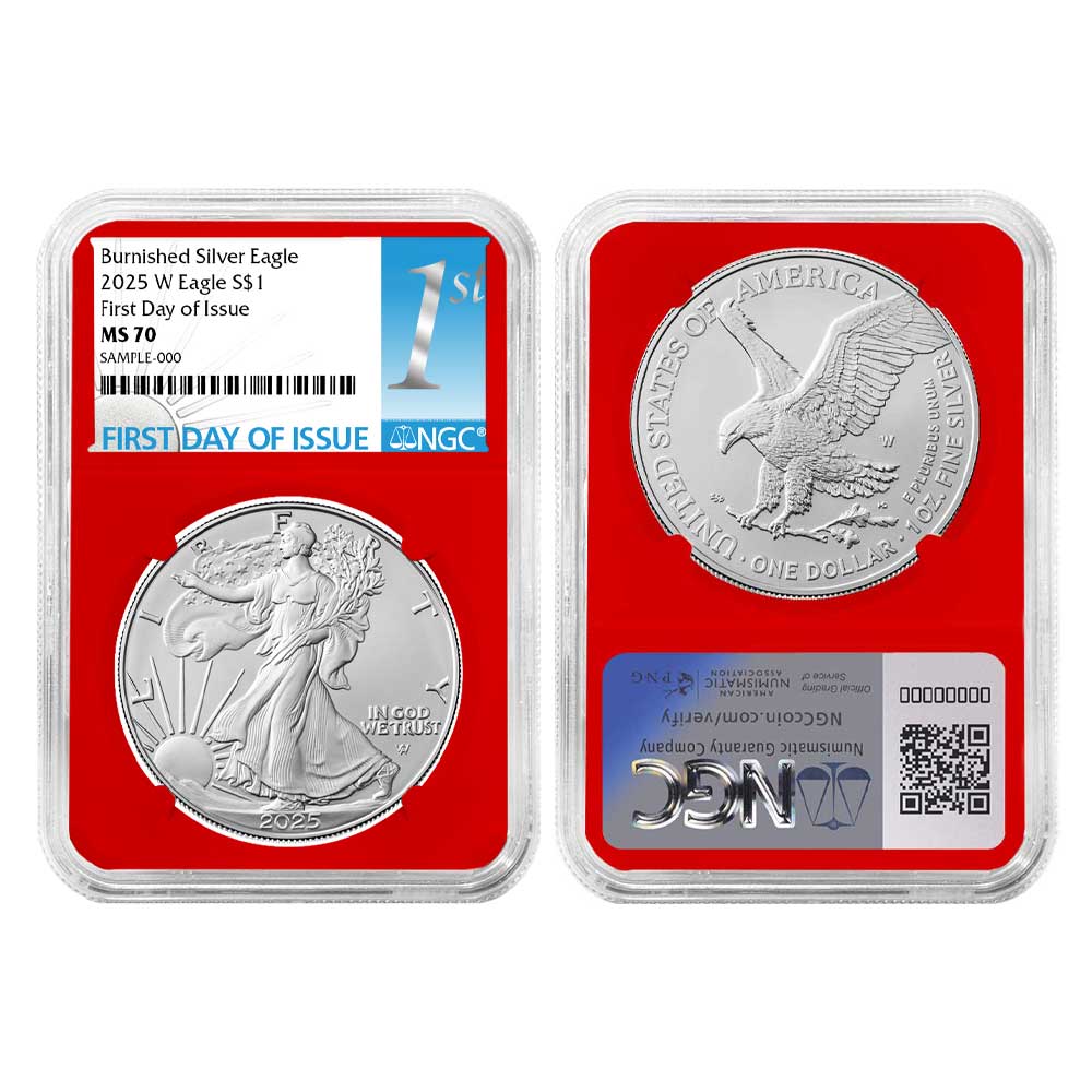 2025-W Burnished $1 American Silver Eagle 3pc Set NGC MS70 FDI First Label Red White Blue ...