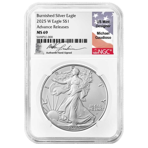 2025-W Burnished $1 American Silver Eagle AR Gaudioso Flag Signature Label - Pinehurst Coins