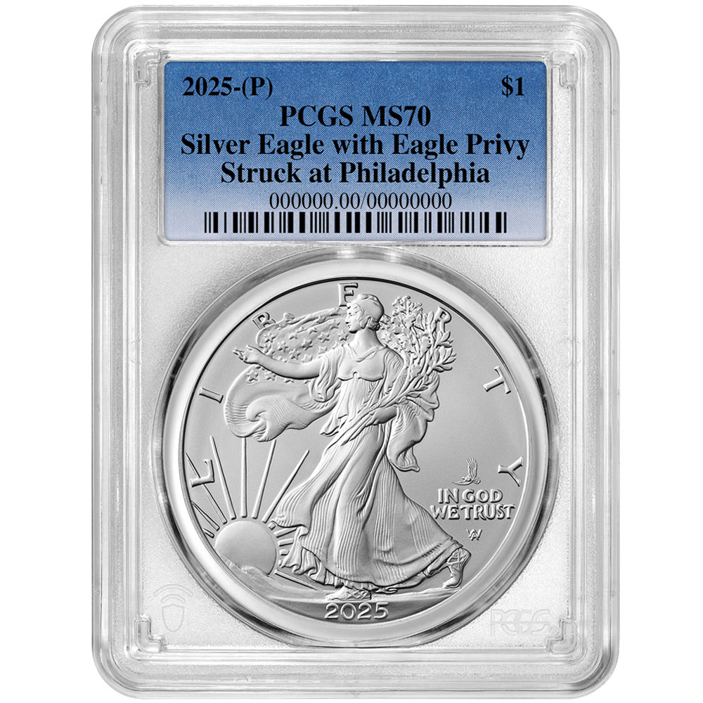 2025 (P) $1 American Silver Eagle First Eagle Privy PCGS MS70 Blue Label - Pinehurst Coins
