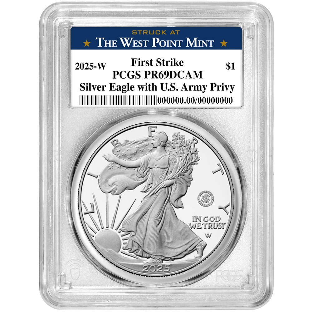 Presale - 2025-W Proof $1 American Silver Eagle Army Privy PCGS PR69DCAM FS West Point Label ...