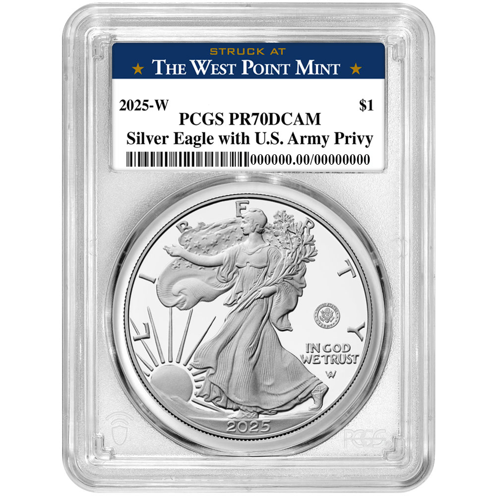 Presale - 2025-W Proof $1 American Silver Eagle Army Privy PCGS PR70DCAM West Point Label 250th ...