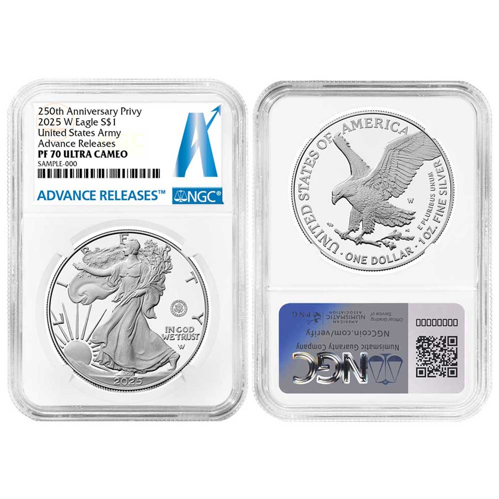 2025-W Proof $1 American Silver Eagle Army Privy NGC PF70UC AR Advance Releases Label 250th ...