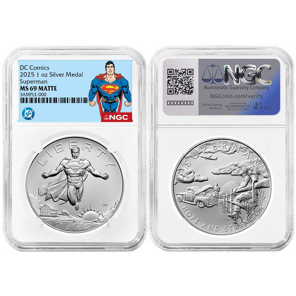 2025 Superman DC Comics 1 oz Silver Medal NGC MS69 Superman Label - Pinehurst Coins