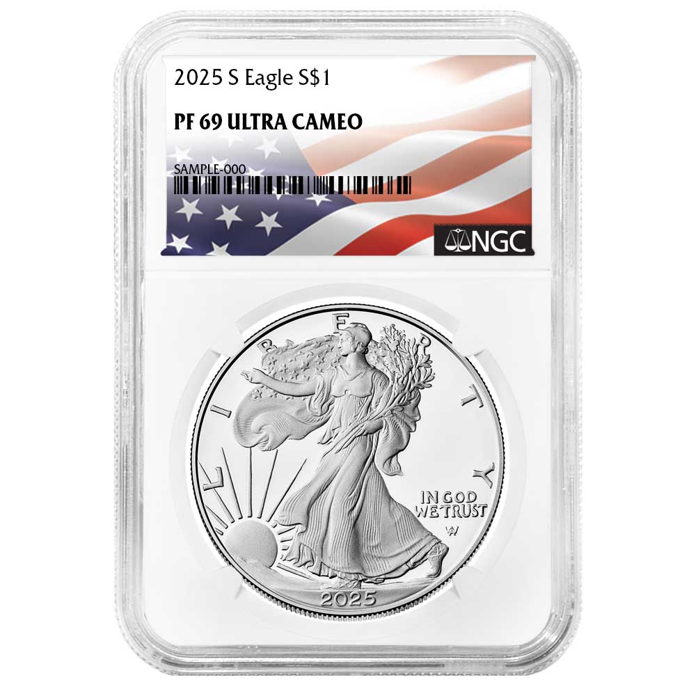 2025-S Proof $1 American Silver Eagle NGC PF69UC Flag Label - Pinehurst Coins